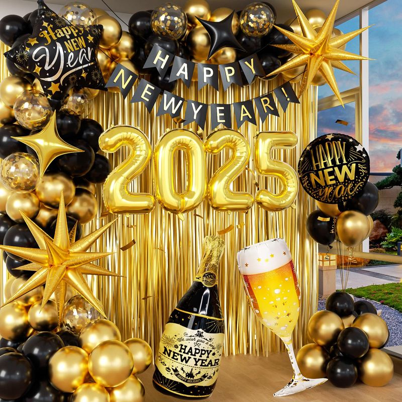 Happy New Year Decorations 2025 with Black Gold Confetti Balloons 2025 ...