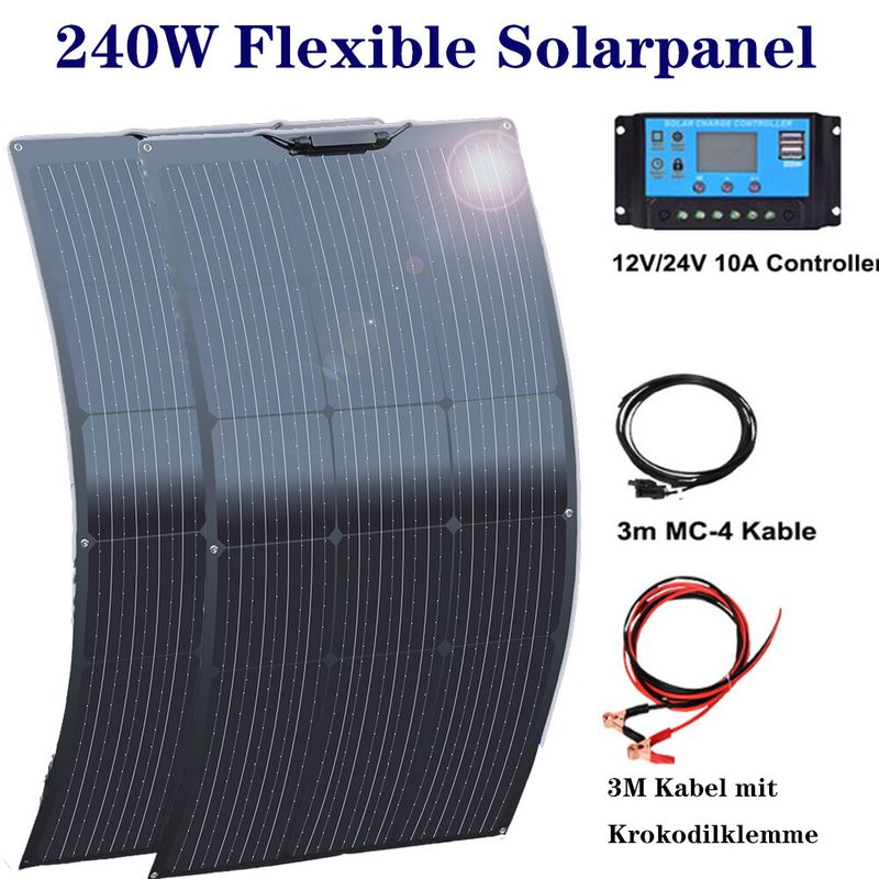 240W Flexible Solar Panel Monocrystalline Rooftop Camping Grid Power ...