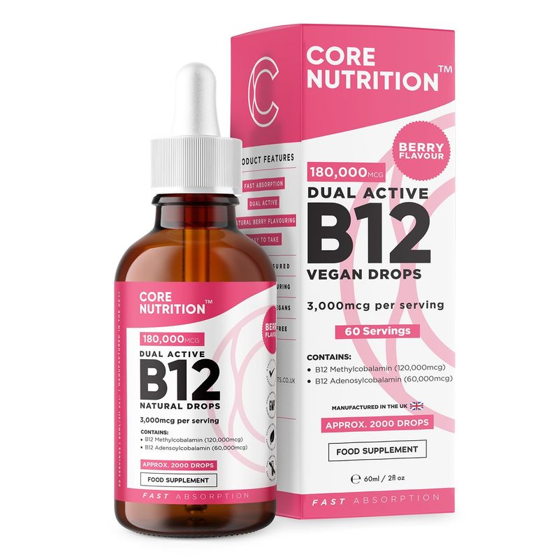 Vitamin B12 Liquid Drops by Core Nutrition - Vegan - High Strength 3000mcg - 2 Month Supply - 60 ...