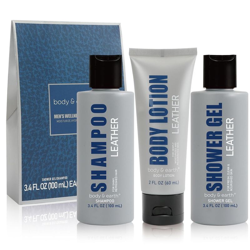 Bath and Body Gift Set for Men Self Care Kit with Leather Scent Shower ...