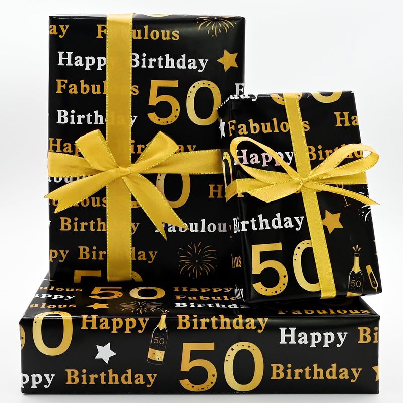 50th Birthday Wrapping Paper,5Pcs 50 * 70cm Gold Black Wrapping Paper ...