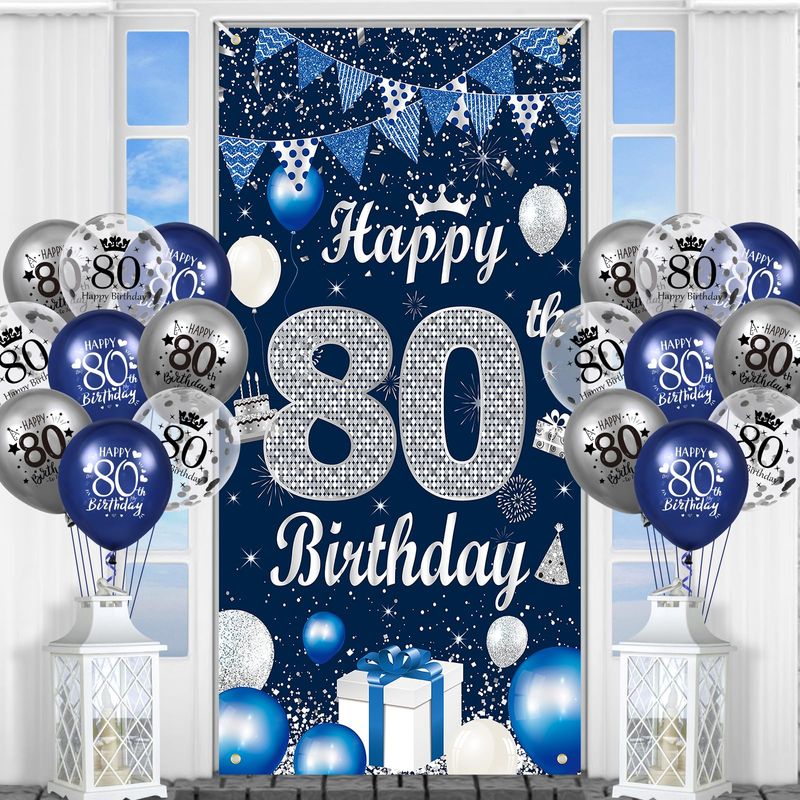 Blue 80th Birthday Decorations for Men Navy Blue Silver Happy 80th Birthday Door Banner Cover ...