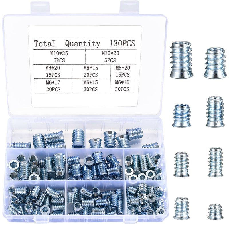 130 Pcs Hex Socket Screw-in Nuts Kit, M6 M8 M10 Threaded Insert Nuts, Furniture Hex Socket Screw ...