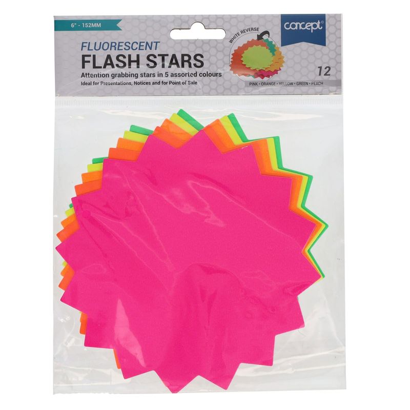 (Pack of 12) - 6" (152mm) Fluorescent Card Flash Stars Assorted Colours ...