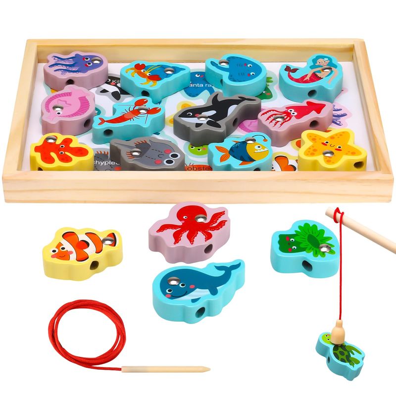 Wooden Fishing Game, 19pcs Magnetic Fishing Game for Kids, Wooden ...