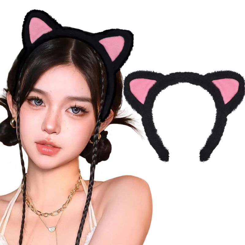 Outyua Cat Ears Headband Black Furry Makeup Headbands Plush Washing ...