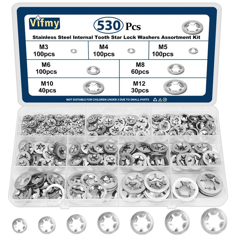Vifmy 530PCS Internal Tooth Star Lock Washers, M3 M4 M5 M6 M8 M10 M12 ...
