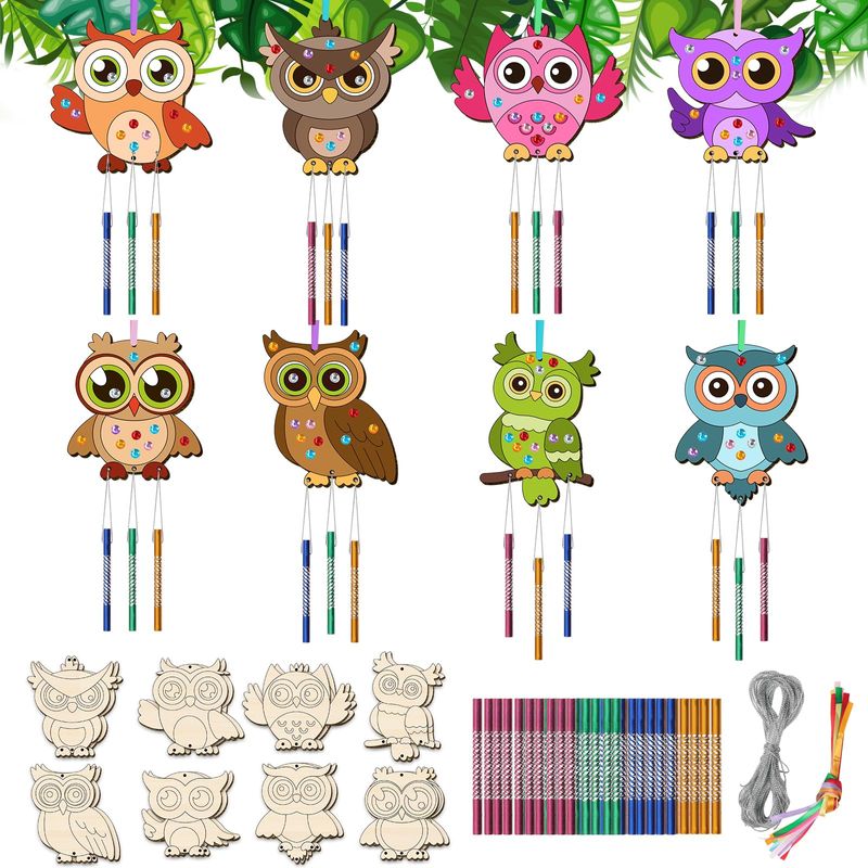 16 Pack Wind Chime Kits for Kids, Make Your Own Owl Wind Chime DIY Coloring Paint Owl Wooden ...