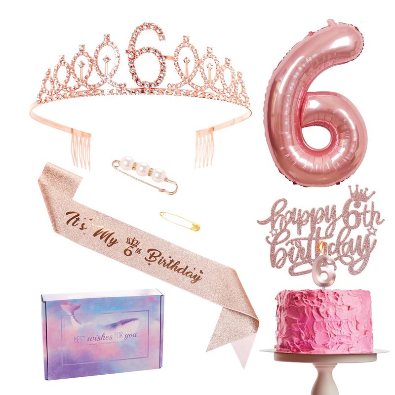 Rose Gold 6th Birthday Decorations for Girl - Sash, Tiara, Cake Topper, Balloon, Candle - Online ...