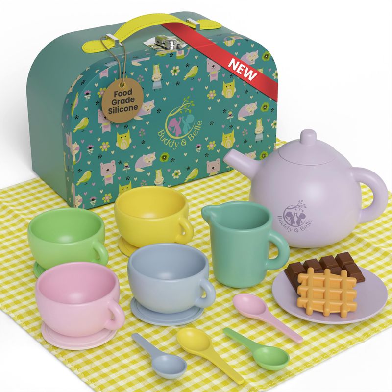 Silicone Tea Set for Kids - 18 Pcs Toddler Tea Party Set with Picnic ...