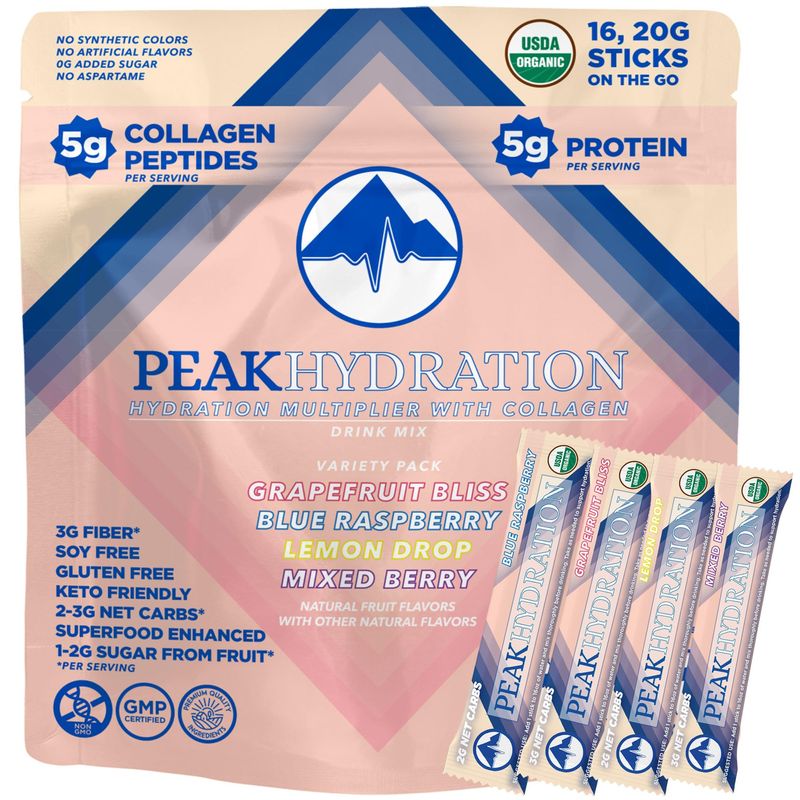 Peak Hydration USDA Organic Electrolyte with Collagen Drink Mix, 3G Fiber, 5G Protein,18 Amino ...