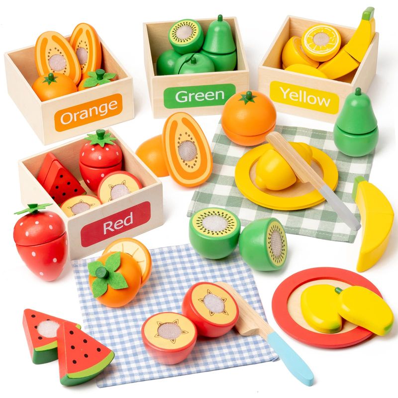 Wooden Play Food Sets for Kids Kitchen Accessories, Velcro Fruit and ...