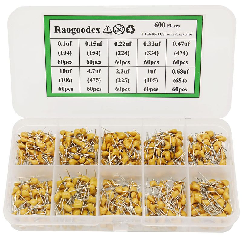 600Pcs 10Value Ceramic Capacitor Assortment Kit 0.1uf-10uf 50V DIP ...
