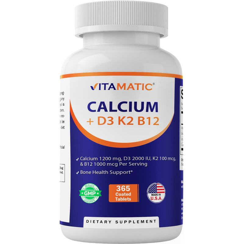 Vitamatic Calcium Supplement 1200mg with D3, K2 & B12, Immune & Bone Health Support - 365 Coated ...