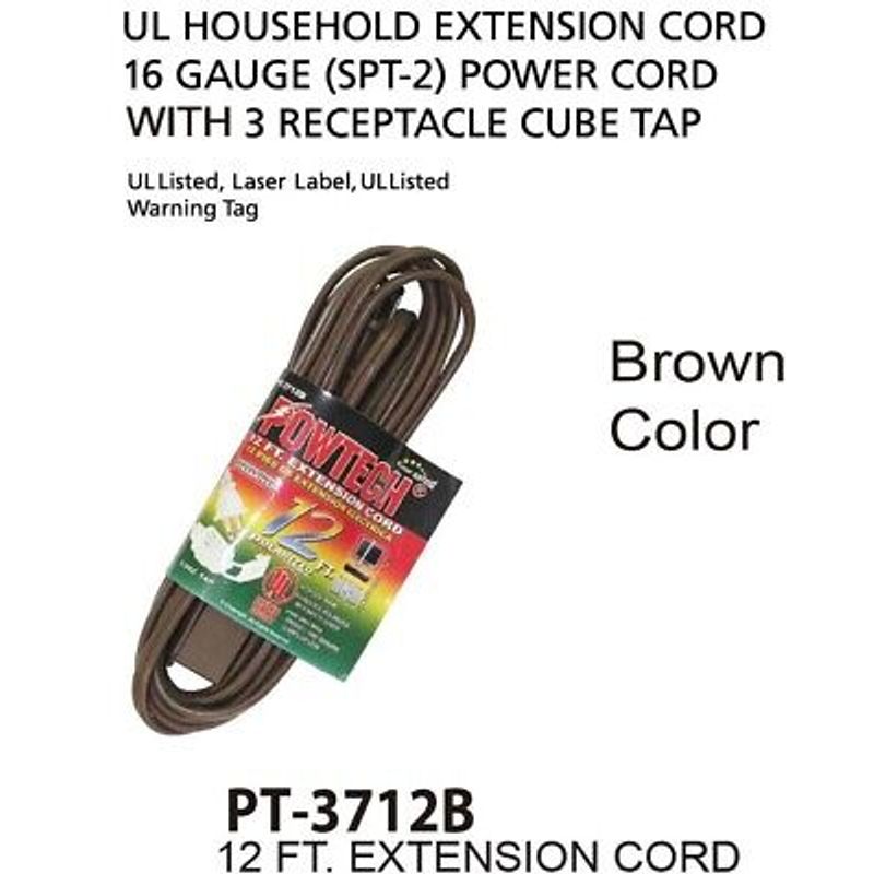 12ft Brown Electrical Extension Cord Power Wire 2 Prong 3-Way Electric ...