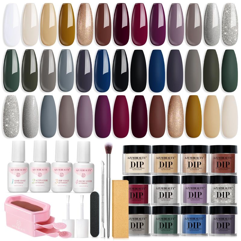 AZUREBEAUTY Dip Powder Nail Kit Starter 20 Colors Glitter Dark Green ...