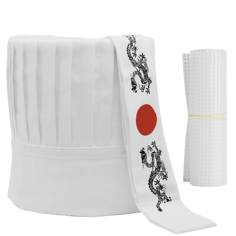 Hibachi Chef Hat Teppanyaki Tall Chef Cap with hachimaki Headband Tie ...