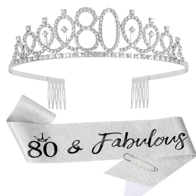 Vovii 80th Birthday Sash and Tiara, Silver Tiara, 80th Birthday Gifts for Women, 80th Birthday ...