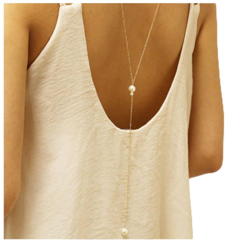 Yheakne Boho Pearl Backdrop Necklace Gold Pearl Back Necklace Vintage ...