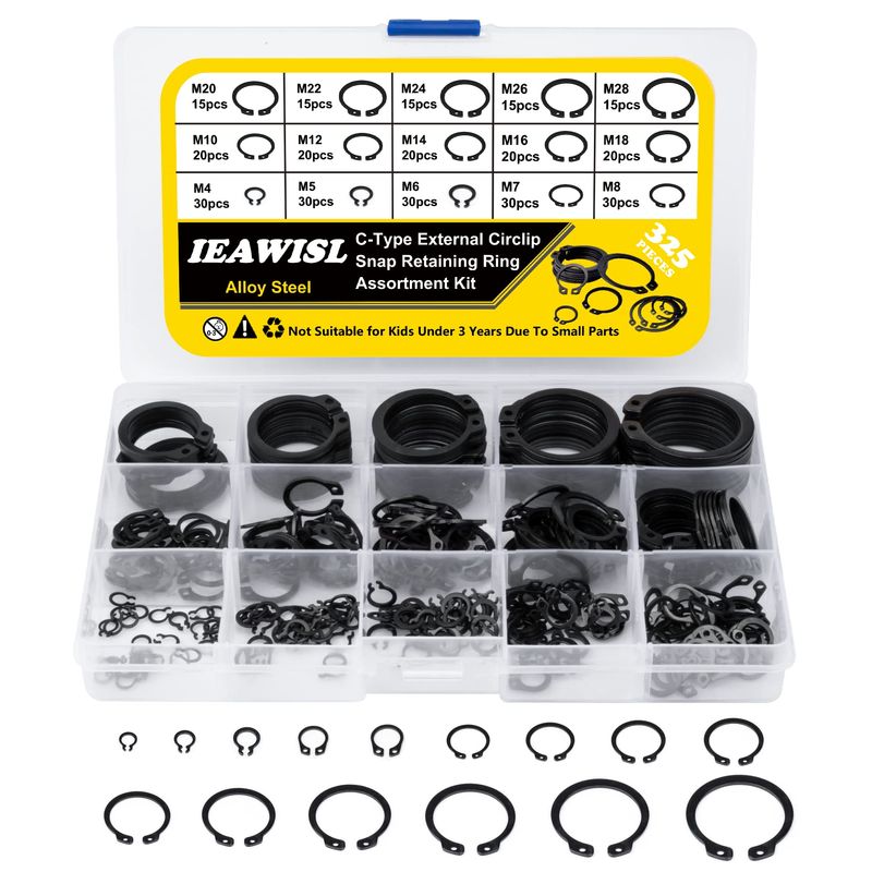 Snap Ring Set, 325Pcs Alloy Steel External Retaining Ring 15 Sizes C ...