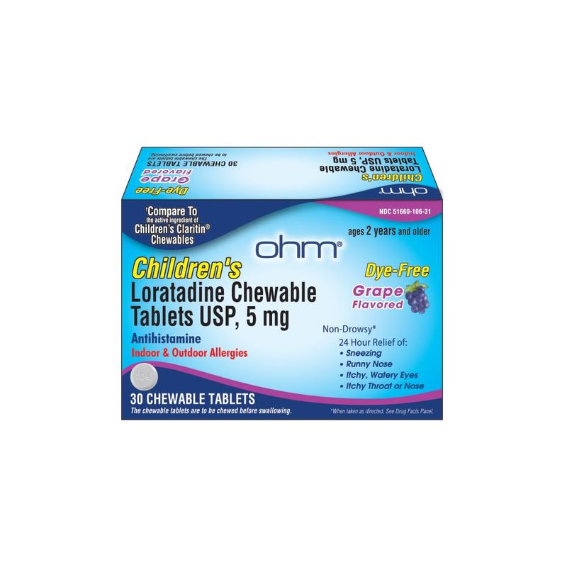 Ohm Children’s Chewable Tablets, Dye Free, Grape, Non-Drowsy 24h Relief ...