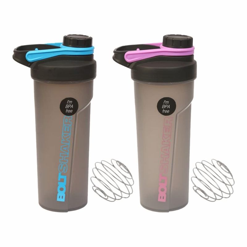 Set of BLUE & PINK Bolt Virgin Plastic Protein Shaker Bottle with Steel Wire Blending Ball ...