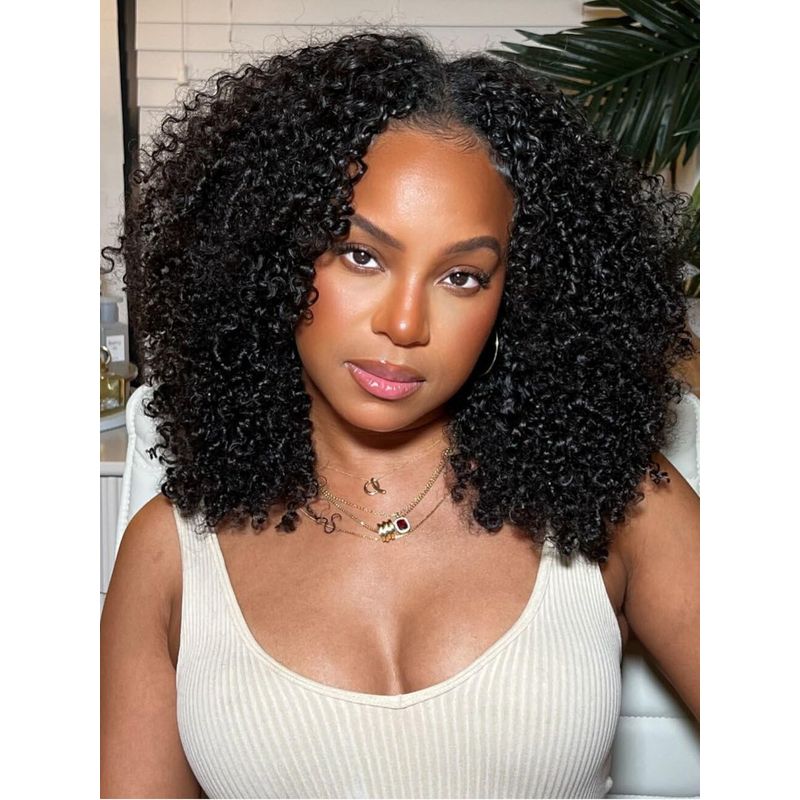 UNICE EasiContour Kinky Curly V Part Wigs Human Hair Minimal Leave Out Brazilian Glueless U Part ...