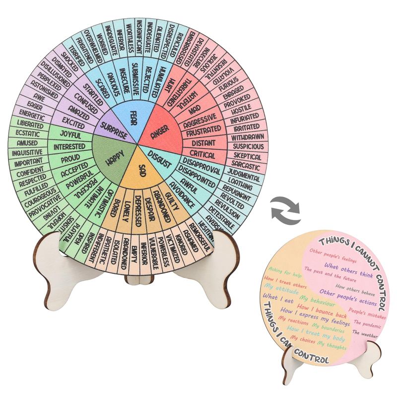 Feelings Wheel with Stand, Double-Sided Emotion Wheel Chart Wooden Mood ...