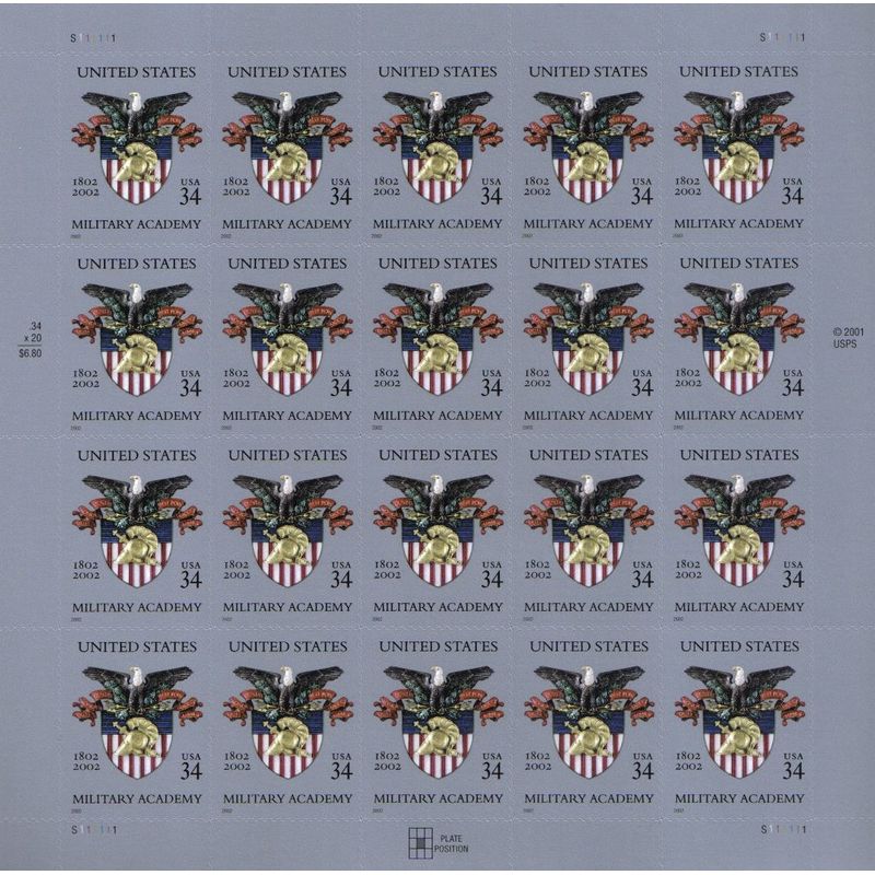 UNITED STATES MILITARY ACADEMY ~ WEST POINT #3560 Pane of 20 x 34 cents ...