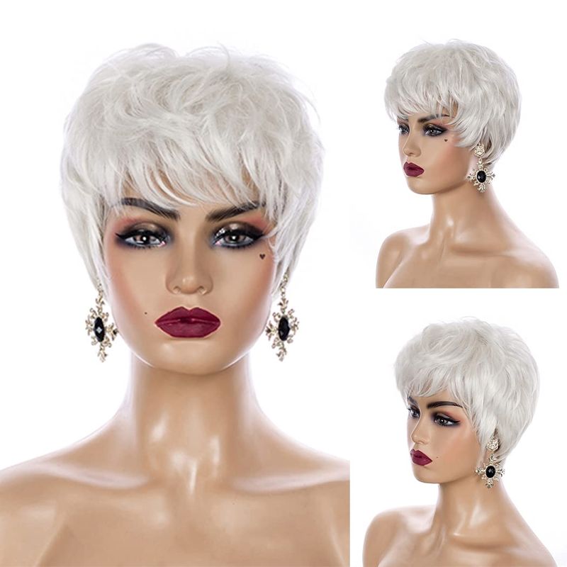 Sallcks Short White Pixie Wig for Women Layered Synthetic Heat ...