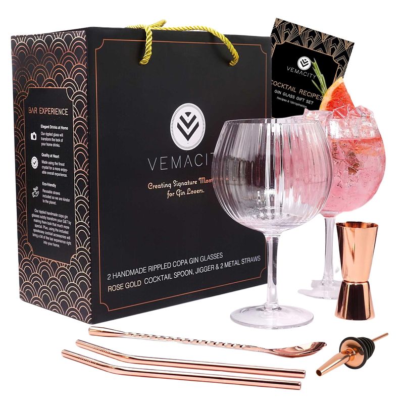 Vemacity Ribbed Gin Glasses Set of 2 | Handmade Gin Glass Gift Set ...