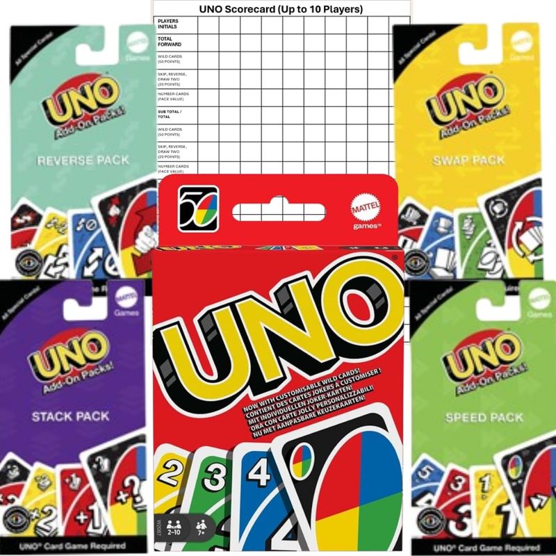Uno Card Game with 4 x Uno Add On Pack + Uno Scorecard | Card Games ...