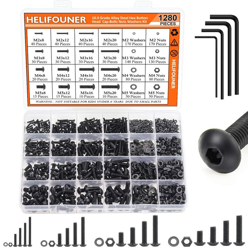 HELIFOUNER 1280 Pieces Button Head Socket Cap Screw Bolts, Flat Washers and Nuts Assortment Kit ...