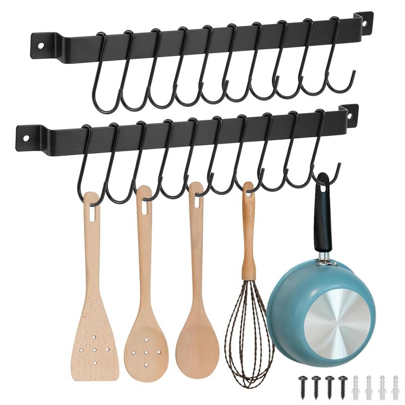 QWORK 2 Pack Kitchen Hanging Utensil Holder Rack,Rail with 10 Hooks ...