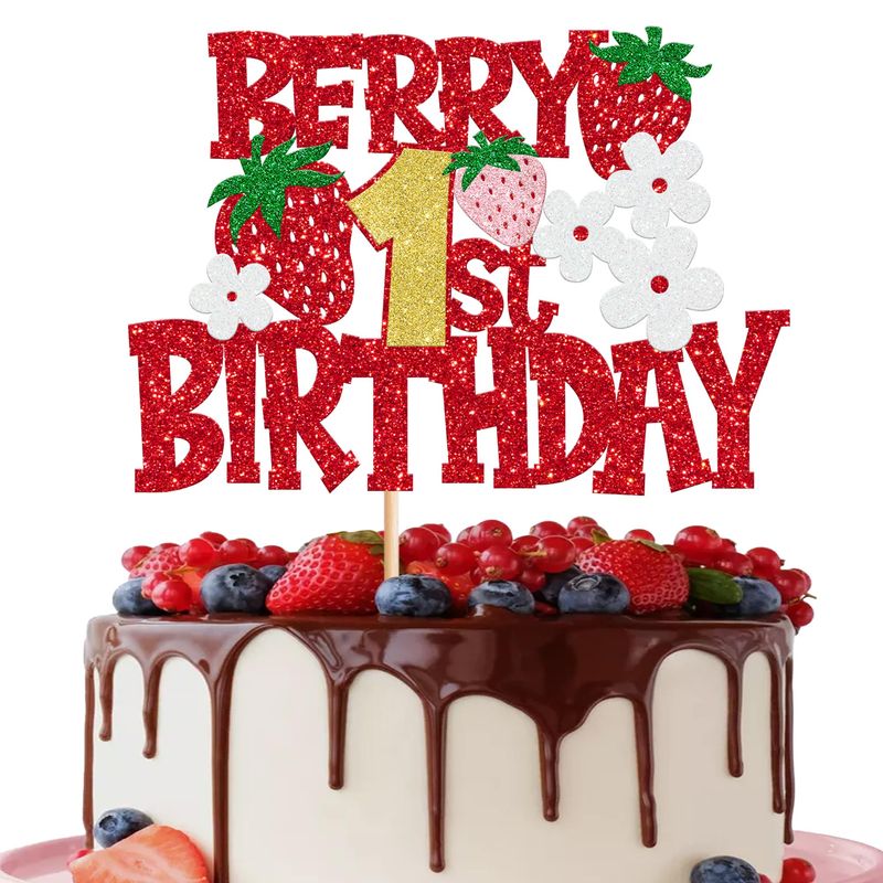1 Pack Berry 1st Birthday Cake Topper Red Glitter Flower Strawberry ...