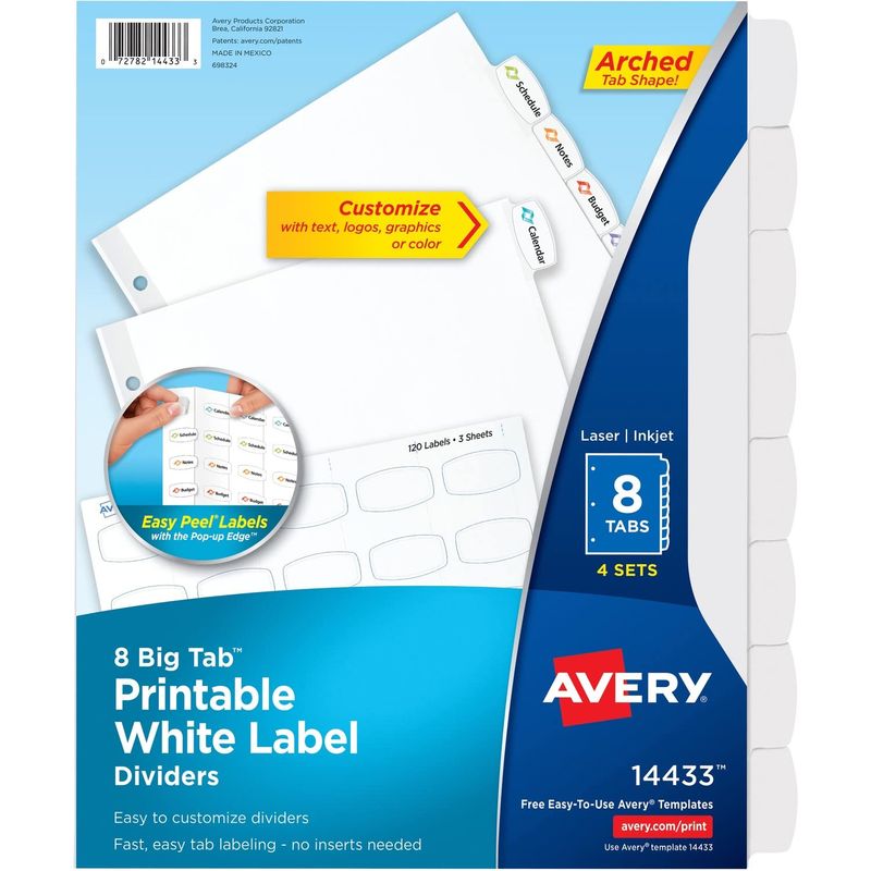 Avery Big Tab Printable White Label Dividers with Easy Peel, 8 Tabs, 4 ...