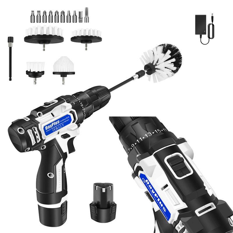 Cordless Power Drill with Cleaning Brushes, 2 1500mAh Batteries ...