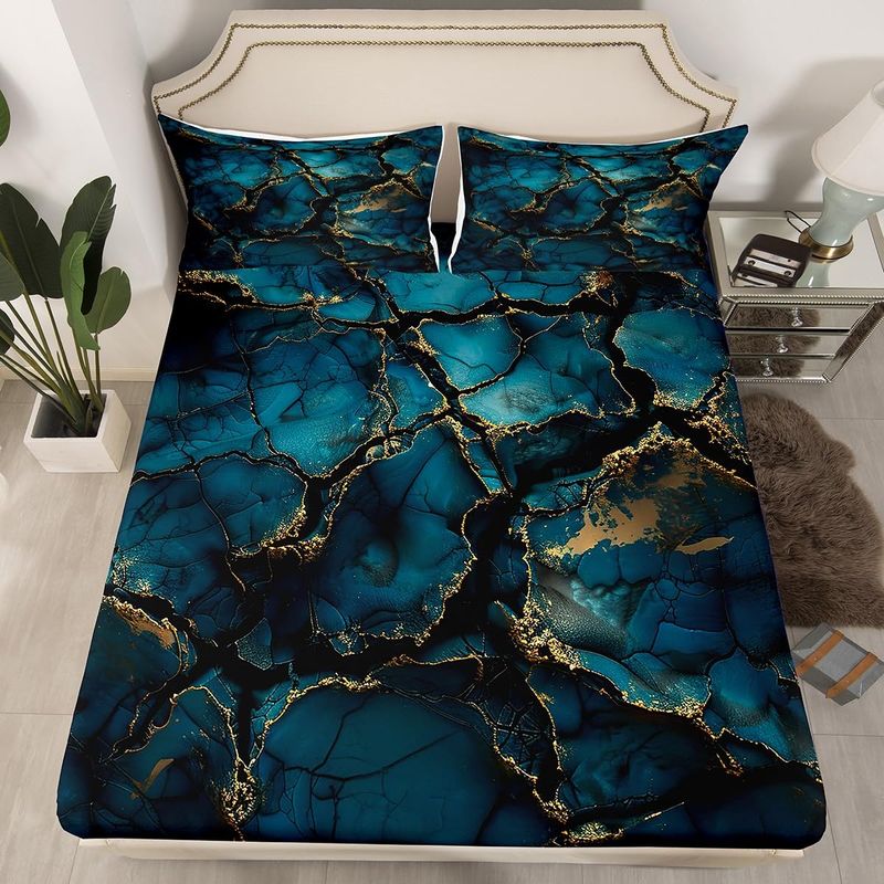 Homemissing Navy Blue Marble Bed Sheet Set Double Size Modern Marble ...