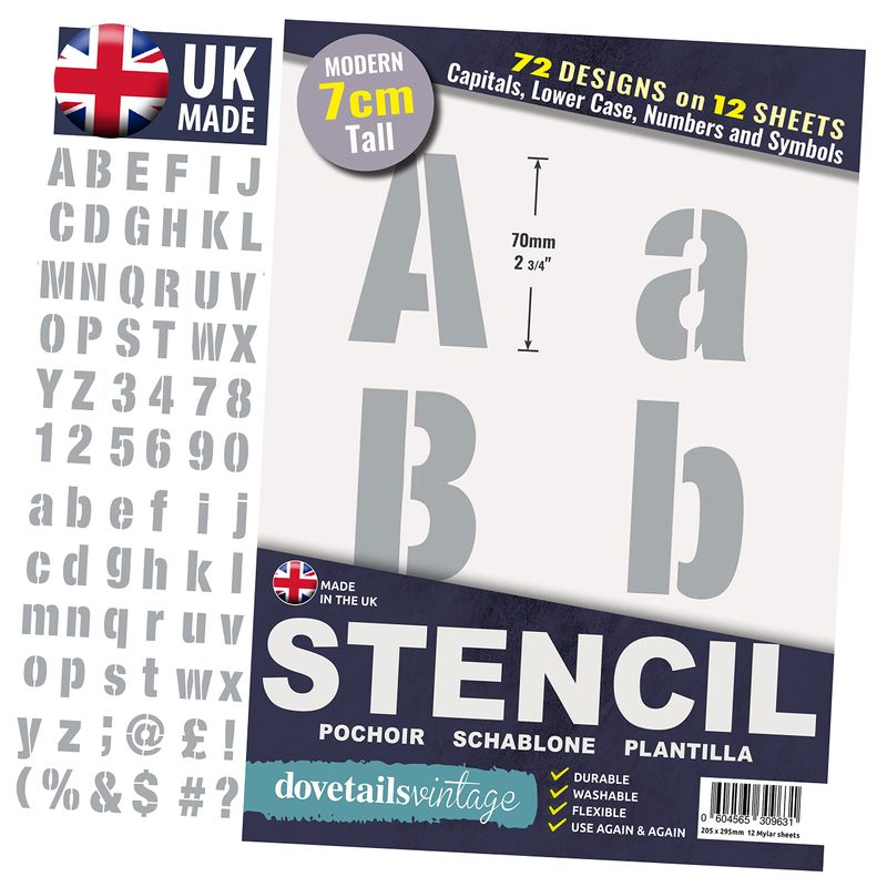 Dovetails Vintage 7 cm Tall Letter Stencil Kit - Modern Style Upper and ...