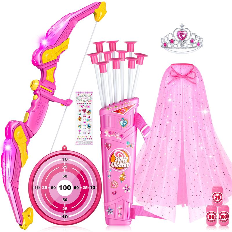 DUDUCOFU Kids Bow and Arrow Set Toys for Girls, LED Light Up Archery Bow Set with Princess Cape ...