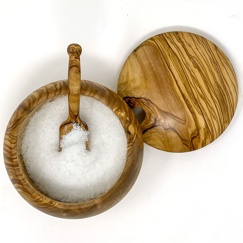 Ezo.Home Olive Wood Salt Cellar with Spoon and Lid, Elegant Salt Keeper ...