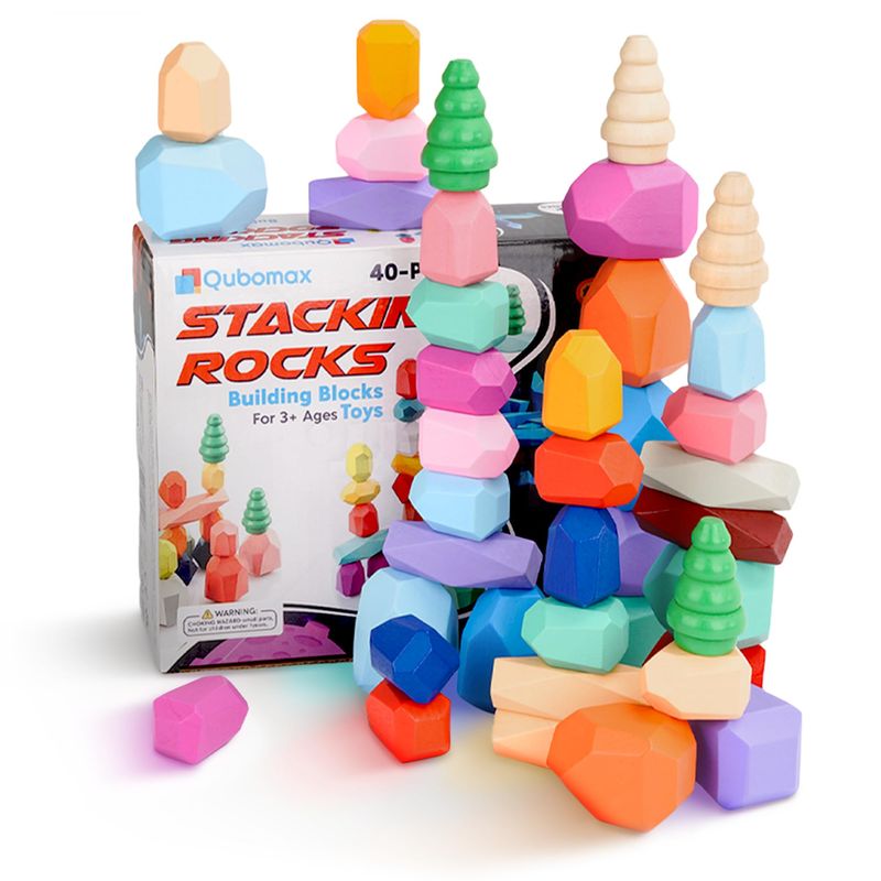 Qubomax 40 Pcs Wooden Stacking Rocks & Sensory Learning Toys for Ages 3 ...