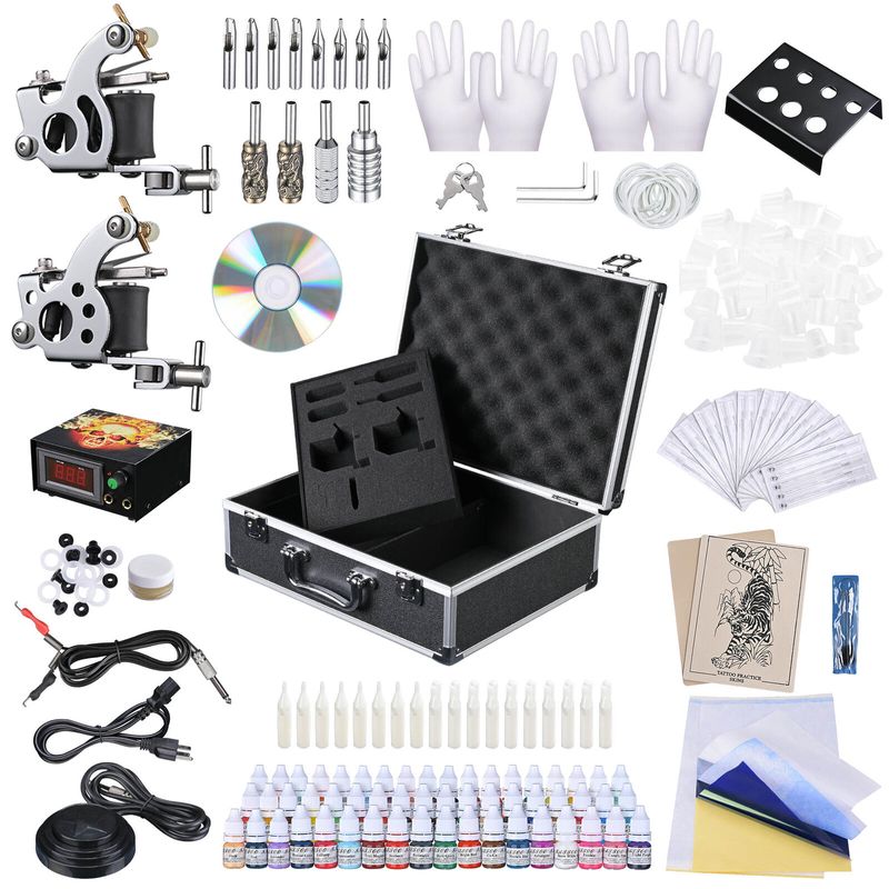Professional Complete Tattoo Kit 54 Ink 2 Machine Guns Set LCD Power ...