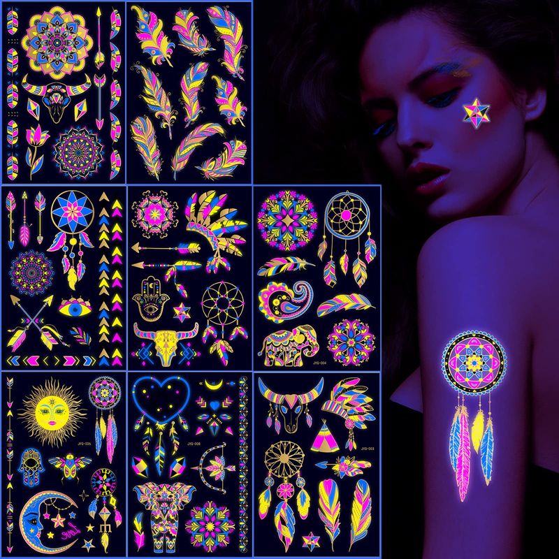 Neon Metallic Gold Temporary Tattoos Glow In The Dark UV Neon Tattoos ...