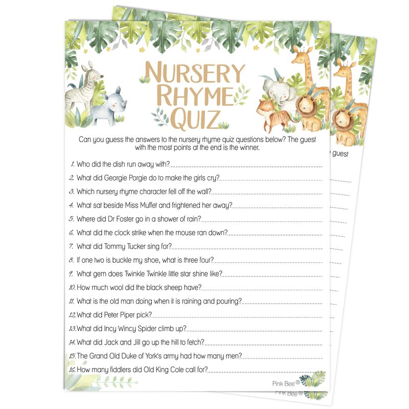 Pink Bee Parties Nursery Rhyme Quiz in Safari Theme - Baby Shower Game ...