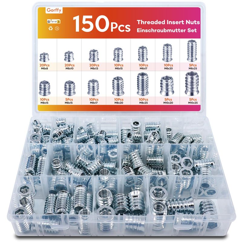Gorffy Pack of 150 Threaded Nuts Wood, M6/M8/M10 Alloy Steel Screw-In ...