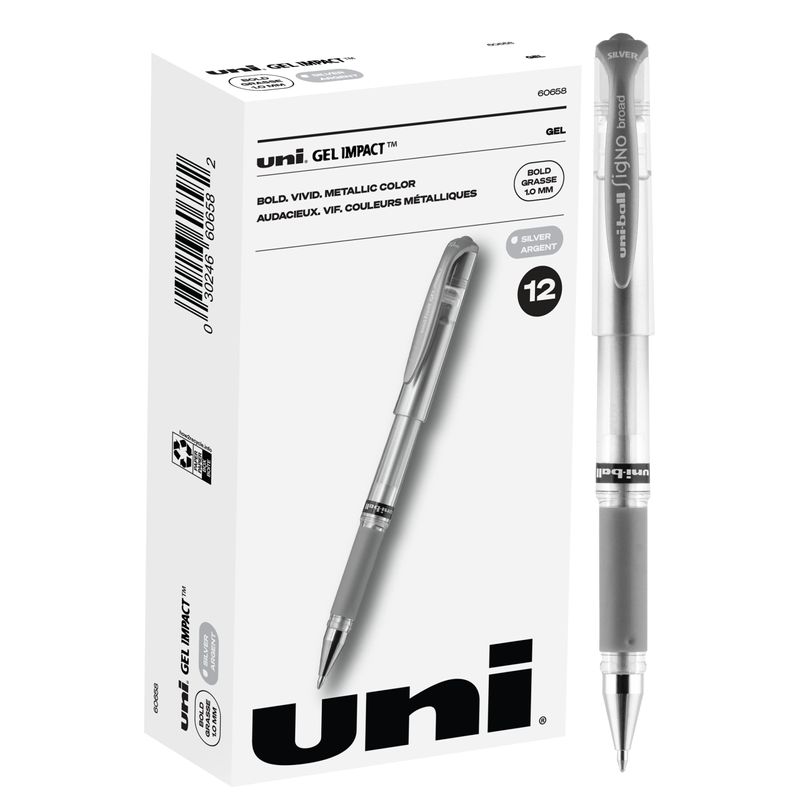 Uniball Signo 207 Gel Impact Stick Gel Pen, 12 Silver Metallic Pens, 1 ...