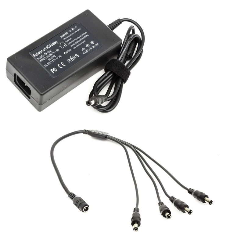 CCTV Charger 12V 5A 60W DC Power Supply 4 Way Jack Splitter Cables DVR ...