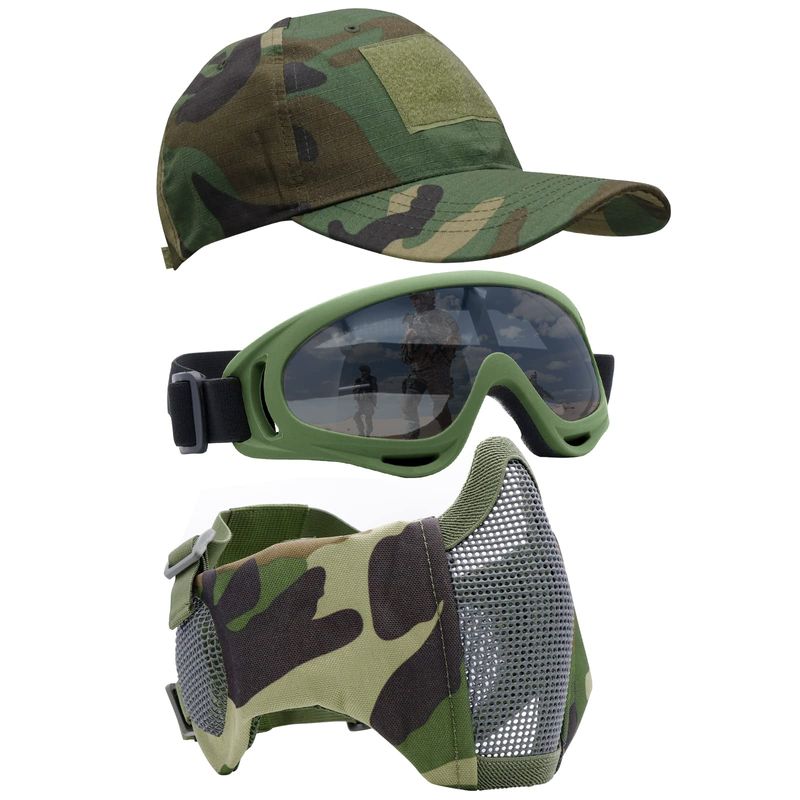 Yzpacc Airsoft Half Face Mask with Goggles& Patch Hat Set, Tactical ...
