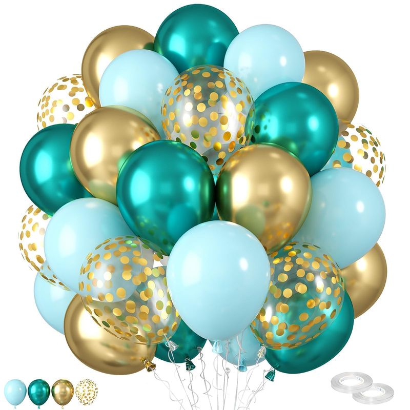 Teal Balloons,60 Pcs 12 Inches Metallic Green Balloons Metallic Gold Blue Balloons Confetti ...